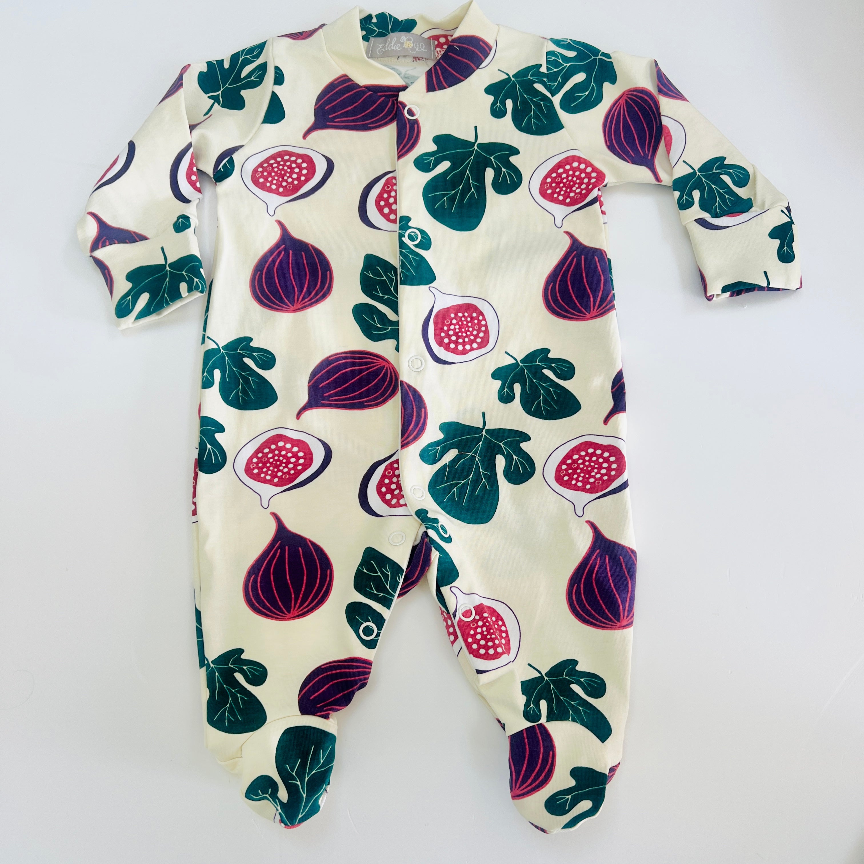 Eddie & Bee organic cotton Baby sleepsuit in Cream " Fig " print.